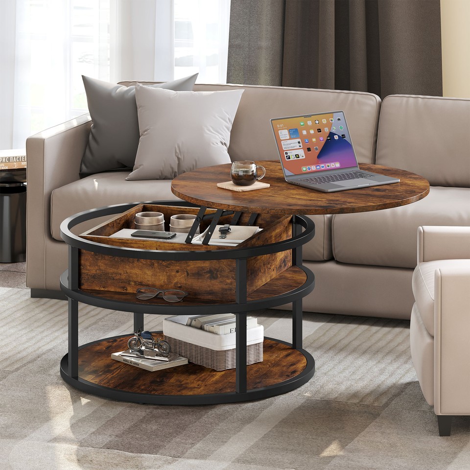 Round Lift Top Coffee Table Circle Center Table for Living Room with ...