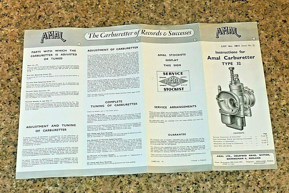 AMAL TYPE 32 CARBURETOR HINTS AND TIPS 8 PAGE FOLD OUT 1962 BROCHURE ...