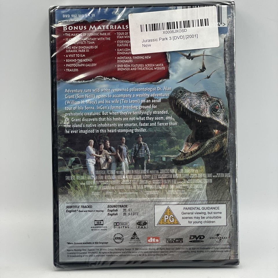 Jurassic Park 3 [DVD] Sam Neill • William H Macy • UK R2 • New & Sealed ...