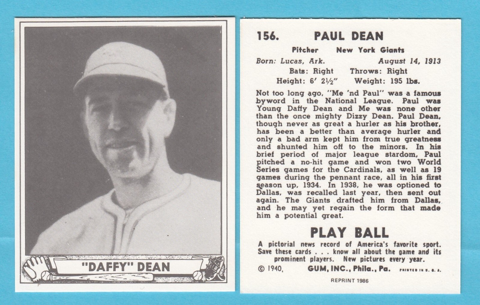 1940 Playball Reprint # 156 Daffy Dean-- New York Giants Box 129 | eBay