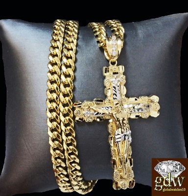 Real 10k Yellow Gold Jesus Cross Pendant 28" Inch Miami Cuban Chain Set ...