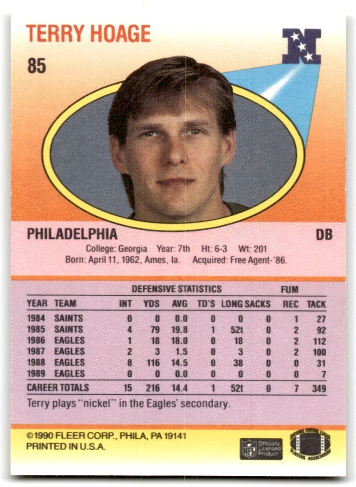 1990 Fleer Terry Hoage Philadelphia Eagles #85 | eBay