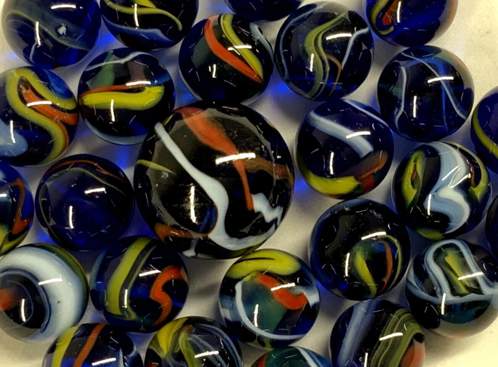 25 Glass Marbles ECLIPSE Translucent Blue Red/Yellow Swirl Pack Shooter ...