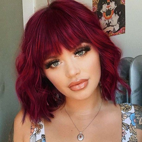 Wine Red Bob Wigs for Women Synthetic Wavy Wigs with Bangs Shoulder ...