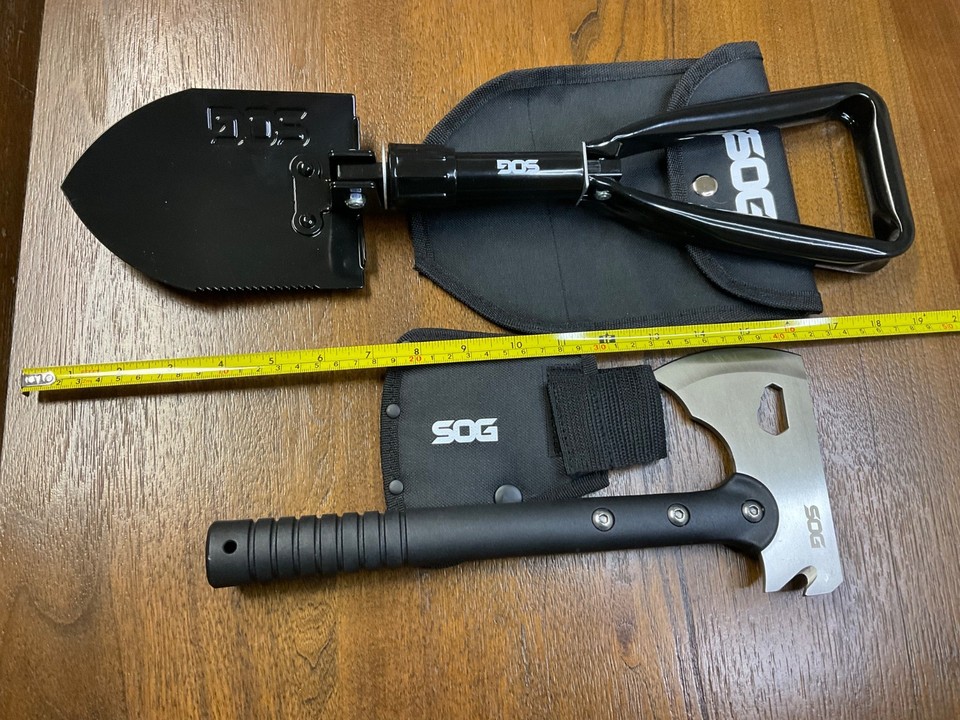 Sog Camp Axe Hatchet and Entrenching Tool as shown with covers Folding ...