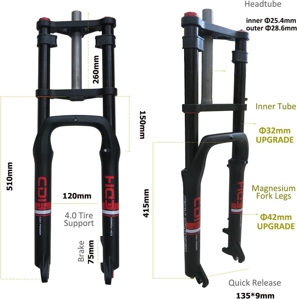 26*4.0" Fat Tire Fork Disc Brake Bike Fork - Air Suspension Fork Double ...