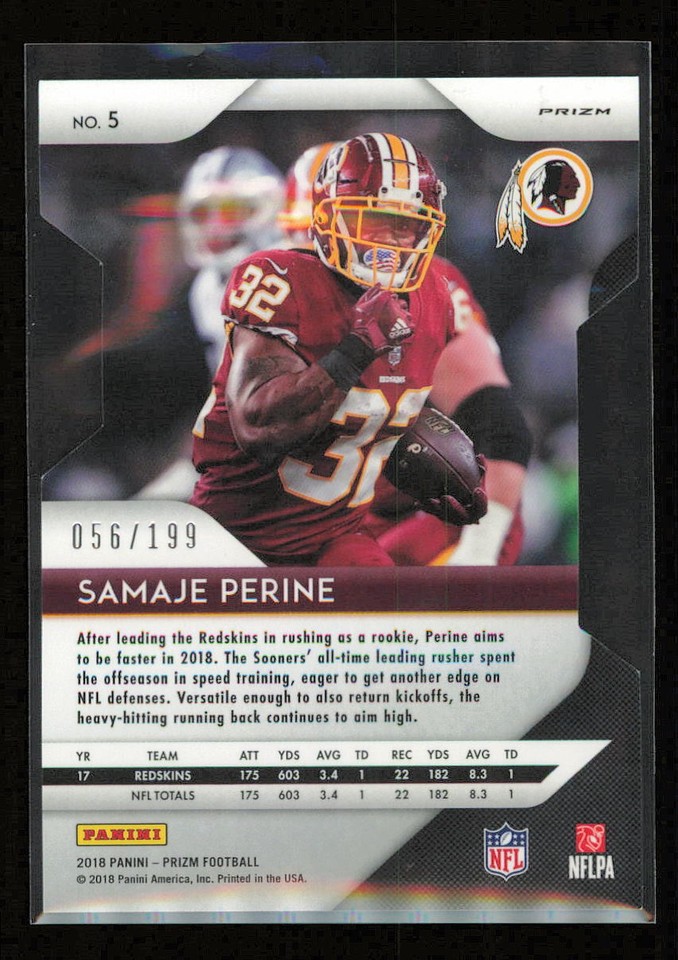 Samaje Perine 2018 Panini Prizm Blue Die Cut /199 #5 Washington ...