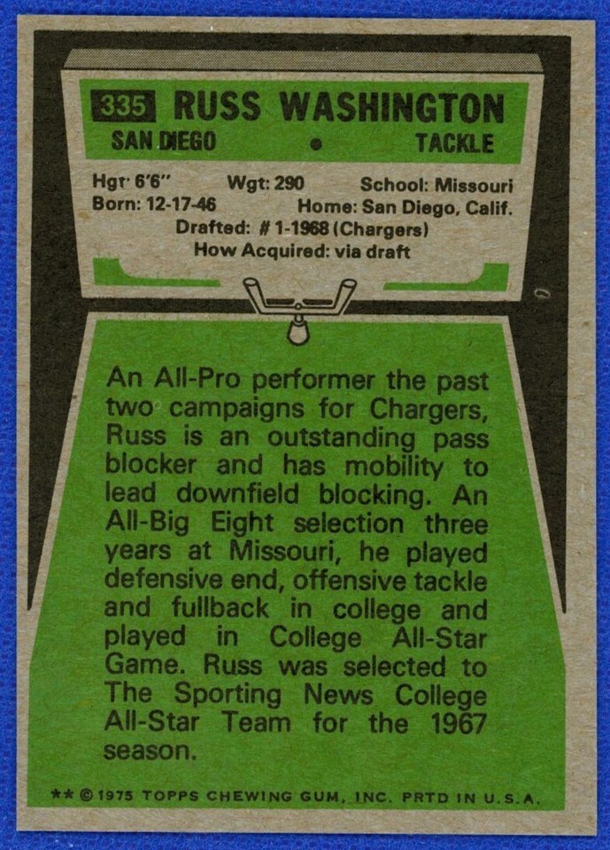 1975 Topps Set Break #335 Russ Washington San Diego Chargers Combined ...