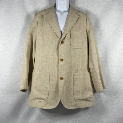 J.L. Powell Jacket Mens 42R Beige Blazer Sport Coat 100% Linen Elbow ...