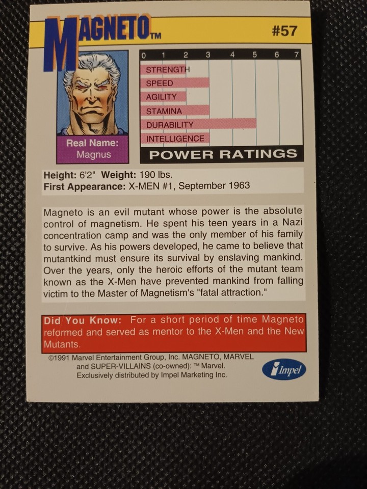 1991 MAGNETO MARVEL IMPEL SUPER VILLAINS MARVEL CARD #75 MCU X-MEN | eBay