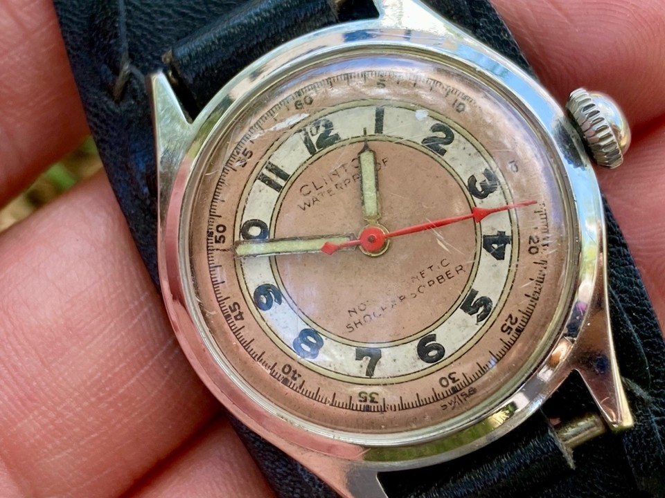 Vintage 1950s Clinton Bullseye Dial Mens Mechanical Wrist Watch RUNS ...
