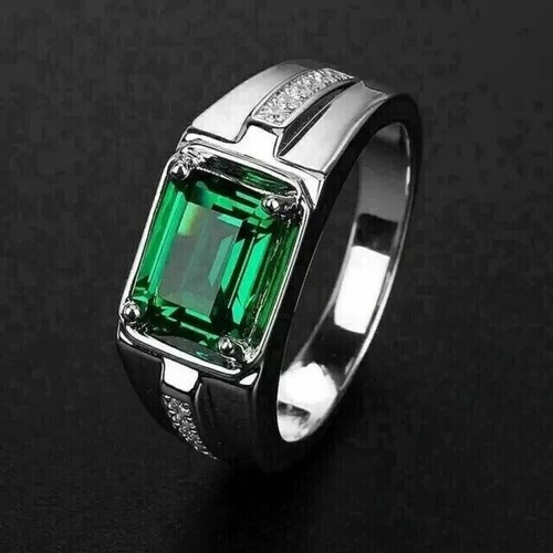 14K White Gold Plated 3Ct Emerald Cut Lab-Created Emerald Men's Wedding ...