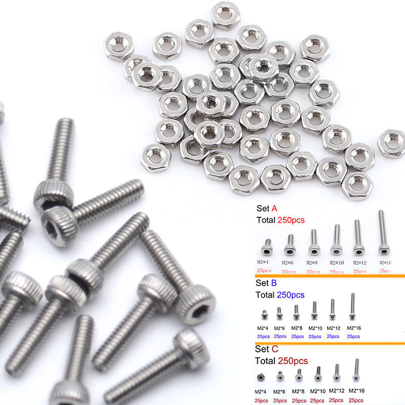 250pcs M2(2mm) A2 Stainles Steel Bolts With Hex Nuts Screws Assortment ...