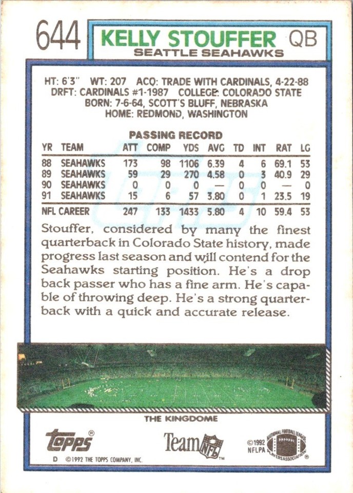 1992 Topps Kelly Stouffer #644 Seattle Seahawks Football Card | eBay