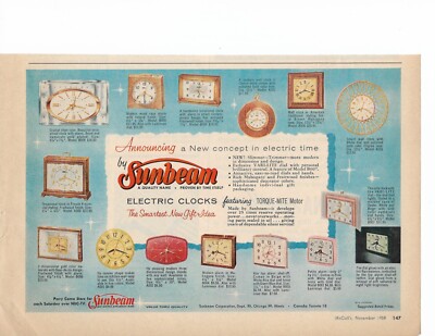 Sunbeam Electric Clock Print Ad 7" x 10.5" from McCall's Magazine Nov ...