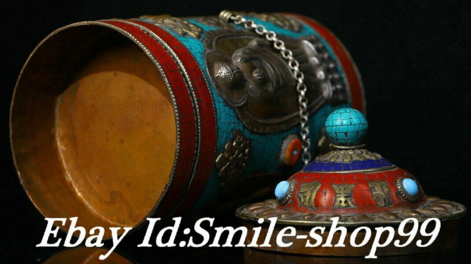 10" Old Copper Bronze 8 Auspicious Symbol Sakyamuni Buddha Box Case ...