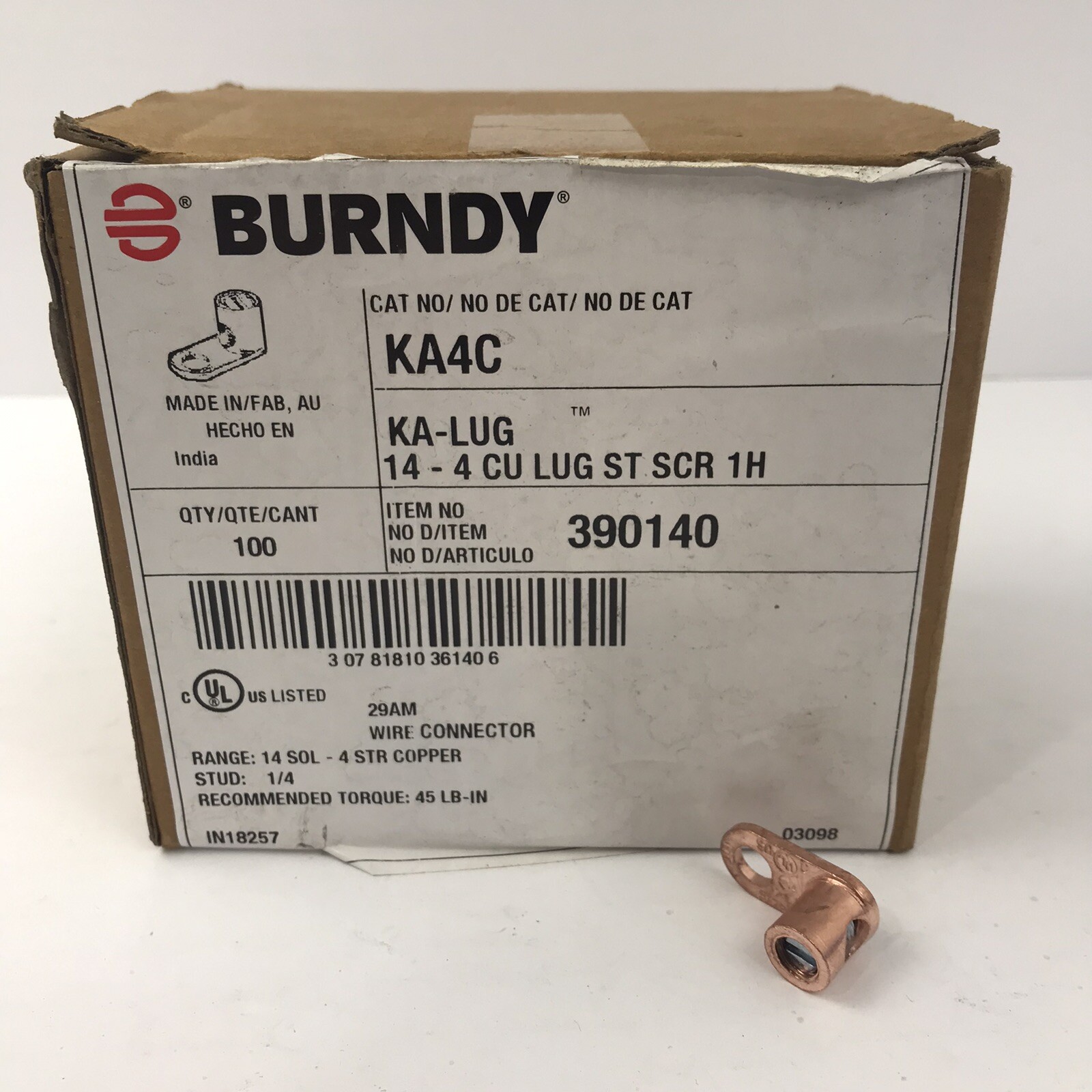 (1) Burndy KA4C Terminal Lug 1/4” Stud Range: 14-4 AWG ~NEW~ | eBay