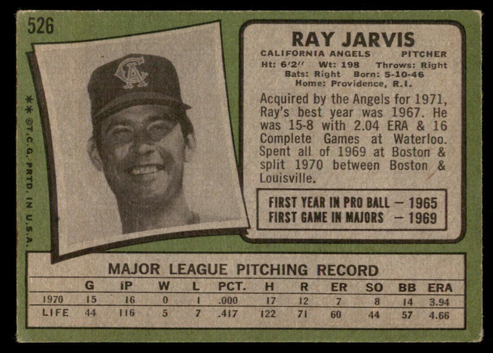 1971 Topps #526 Ray Jarvis VG | eBay
