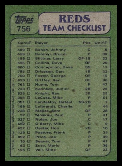 1982 Topps #756 Reds Leaders / Checklist (Ken Griffey / Tom Seaver ...