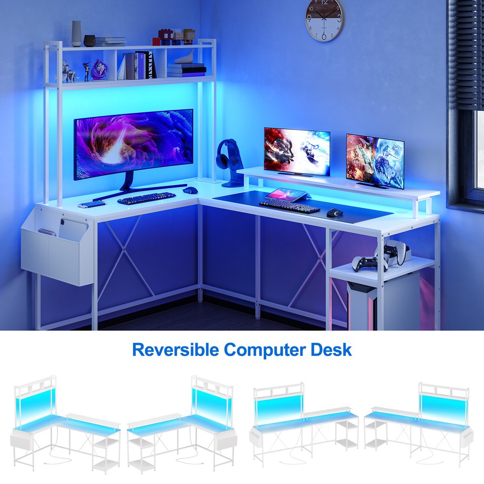Storage Shelves L Shaped LED Computer Gaming Desk PC Corner Office ...