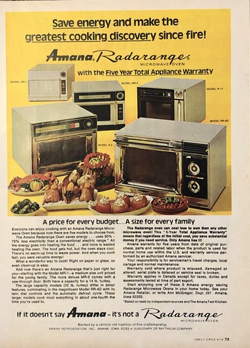 1974 Amana Radarange Microwave PRINT AD Greatest Discovery Since Fire ...