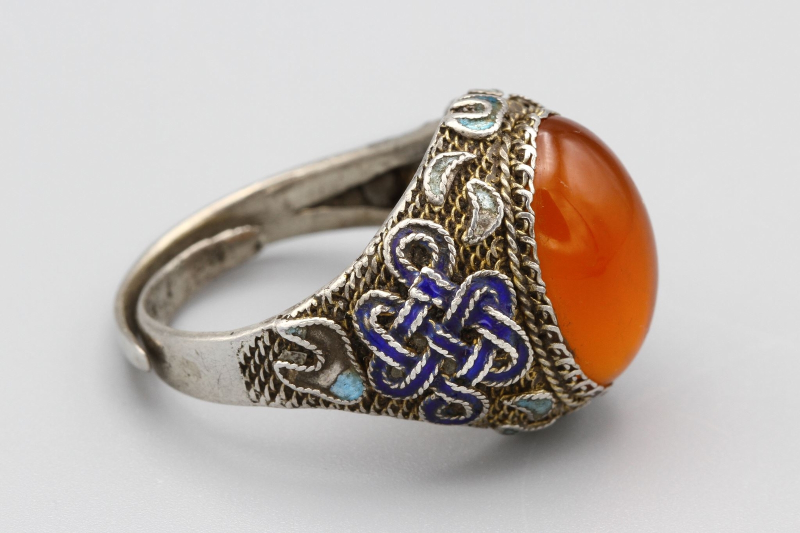 Chinese Export Carnelian Ring Size 7.5 Adjustable, Colorful Enamel ...