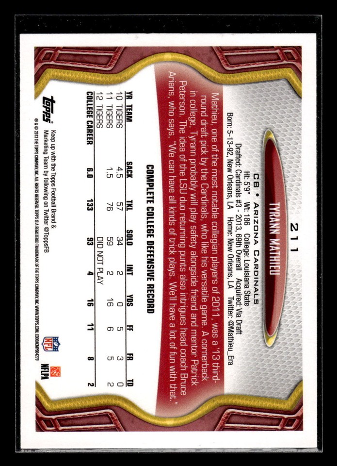 2013 Topps #211 Tyrann Mathieu Rookie Mint+ New | eBay