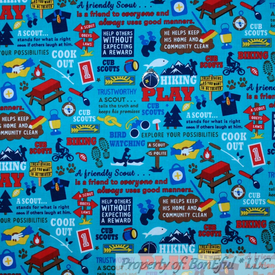 BonEful Fabric FQ Cotton Quilt USA Cub Boy Scout Camp Cook Scenic Fish ...
