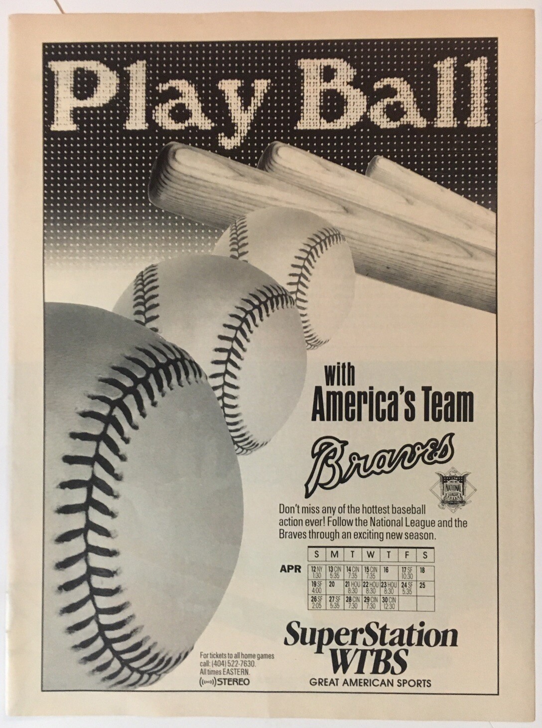 Atlanta Braves SuperStation WTBS 1987 Vintage Print Ad 8x11 Inches Wall ...
