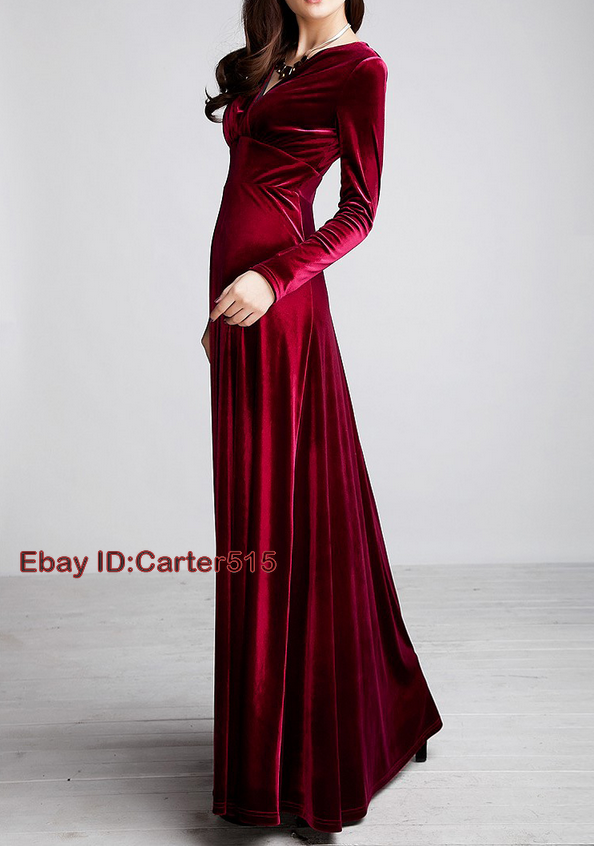Women Velvet V Neck Swing Dress Long Sleeve Cocktail Party Maxi Dress ...