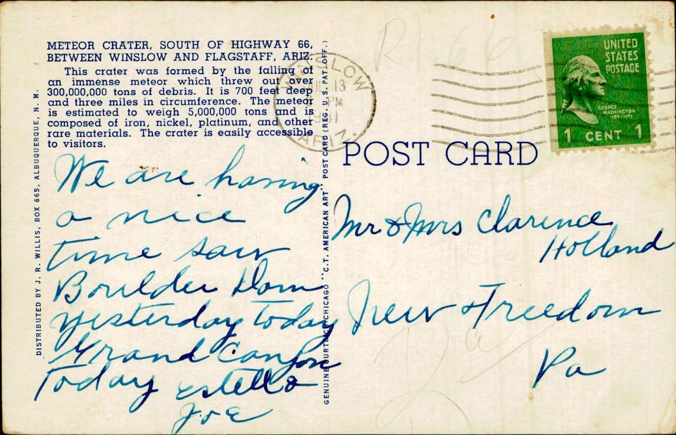 Postcard: ED Newcomer, Phoenix SEE OTHER SIDE Meteor Crater between Fl ...