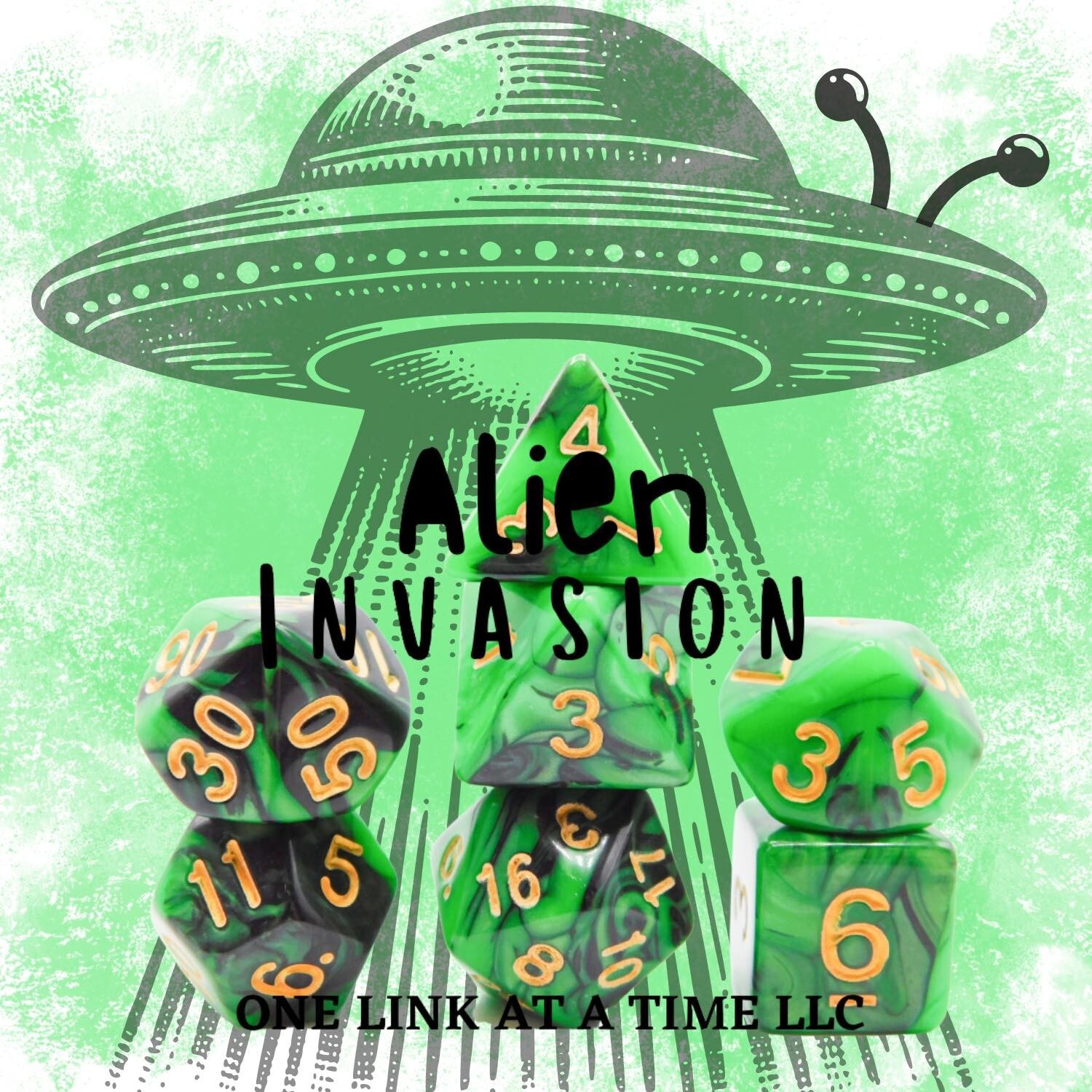 7PC SET OF ACRYLIC DICE [ALIEN INVASION] GREEN LIGHT DARK GOLD | eBay