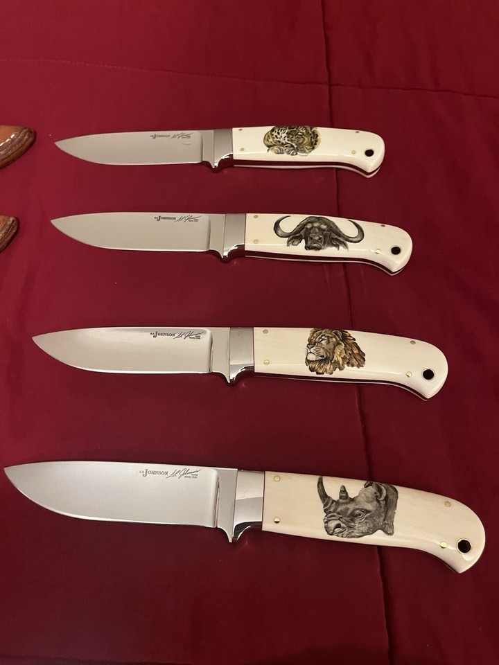 S.R. Johnson Custom Knife Set -scrimshaw R.Skaggs - sheaths . Loveless Partner. | eBay