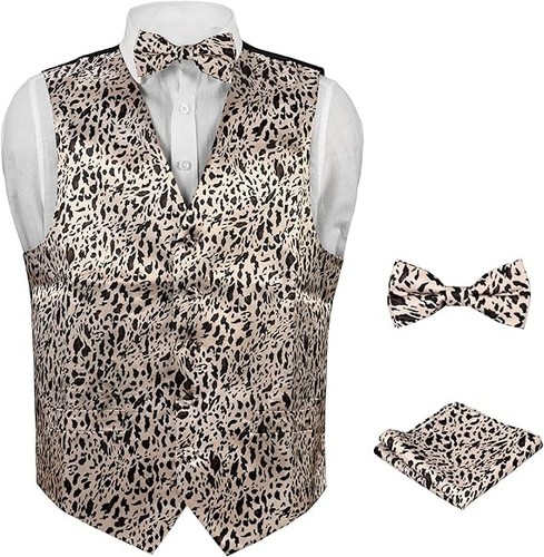 Concitor Men's Dress Vest LEOPARD Pattern Design Mens Bow Tie and Hanky ...