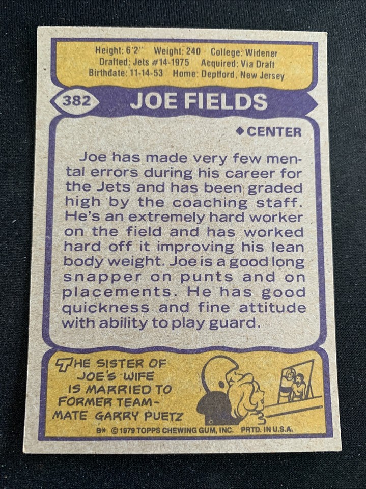 1979 Topps Football Card #382 Joe Fields New York Jets NmMt Free ...