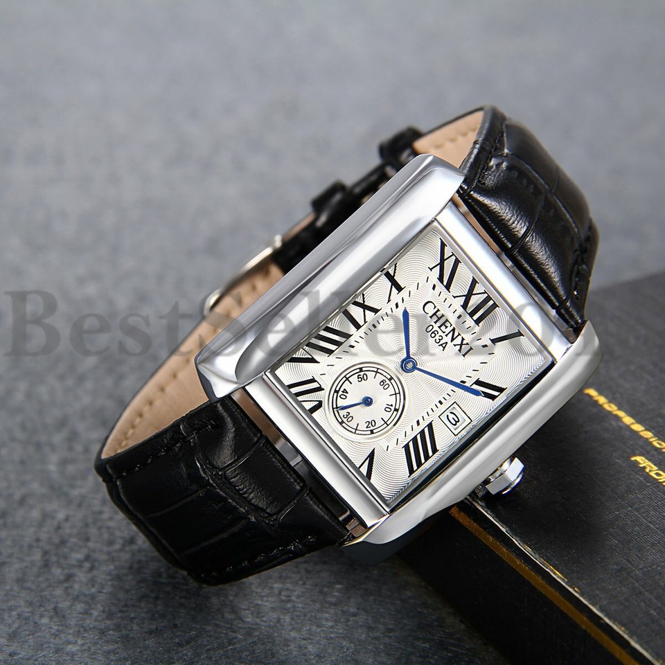 Roman Numerals Date Square Dial Men Leather Band Quartz Analog Wrist ...