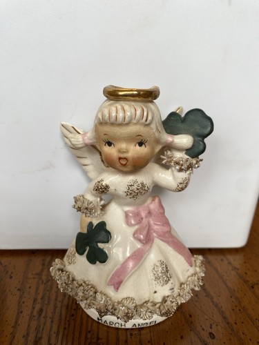 VTG Lefton March Birthday Girl Angel Figurine AR1987 Shamrock Clover w ...