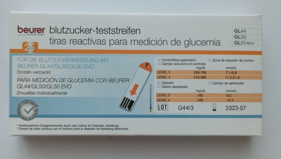 25 STRISCE GLICEMIA BEURER GL44 GL50 GL50 EVO SCADENZA 07/2023 ...