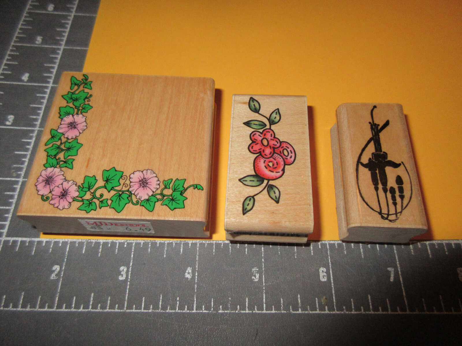 LOT OF 3 COUNTRY FLORAL FLOWERS-IVY BORDER WOODEN RUBBER STAMPS-TEACHER ...