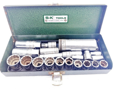 Vintage SK Tools 1/4 & 3/8 Drive 22 Sockets Lot Green Metal Storage ...