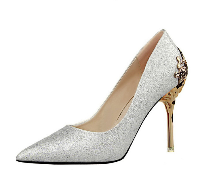 Women Black Metal Carving Heels Pumps Pointed Toe Stilettos Bridal ...