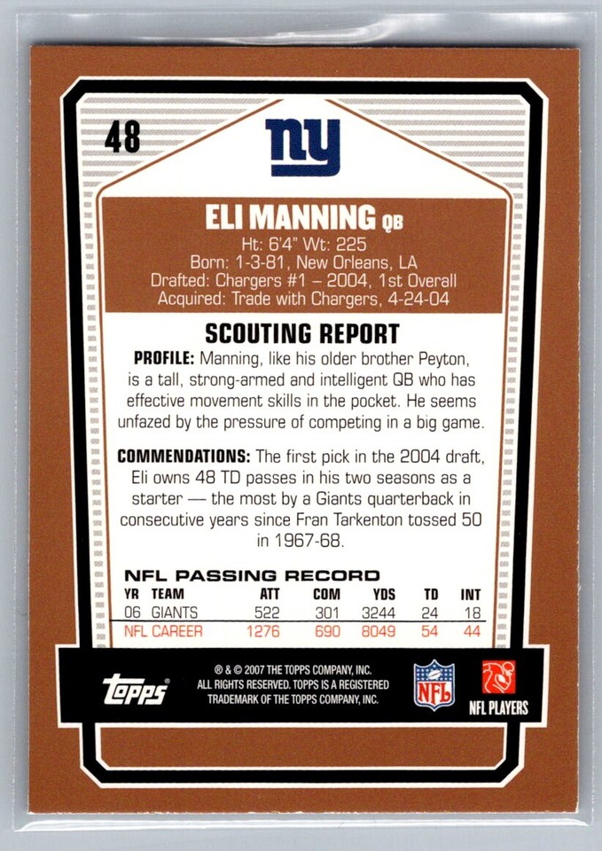 2007 Topps Draft Picks & Prospects #48 Eli Manning | eBay