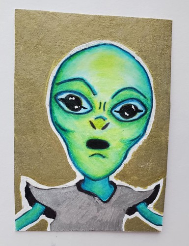 ACEO Original Art Card "Alien Wow" OOAK Colored Pencil Drawing ATC Sci ...