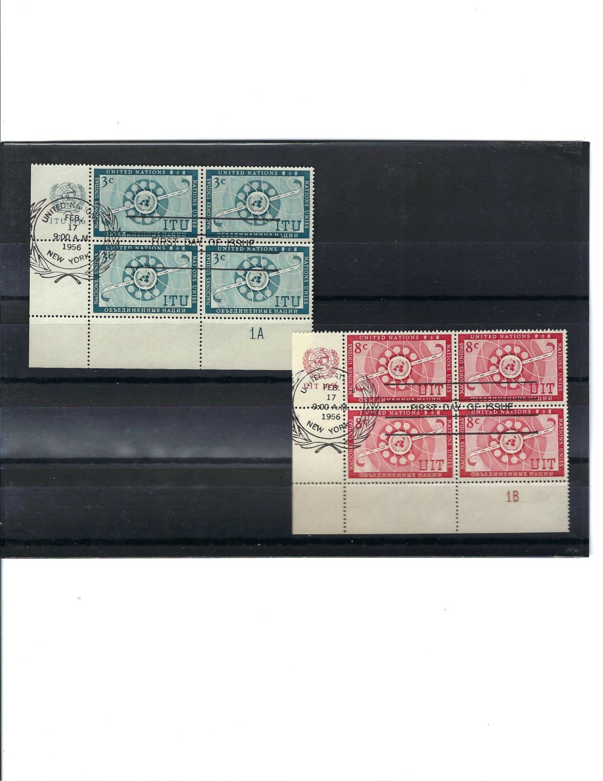 1956 ITU MI Blocks of 4 - Scott #41a & 42a - FDC Hand Cancel H8 (2059 ...