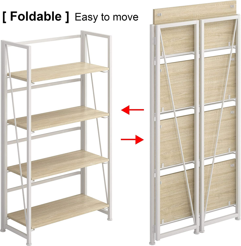 No-Assembly Folding Bookshelf Storage Shelves 4 Tiers Vintage Bookcase ...