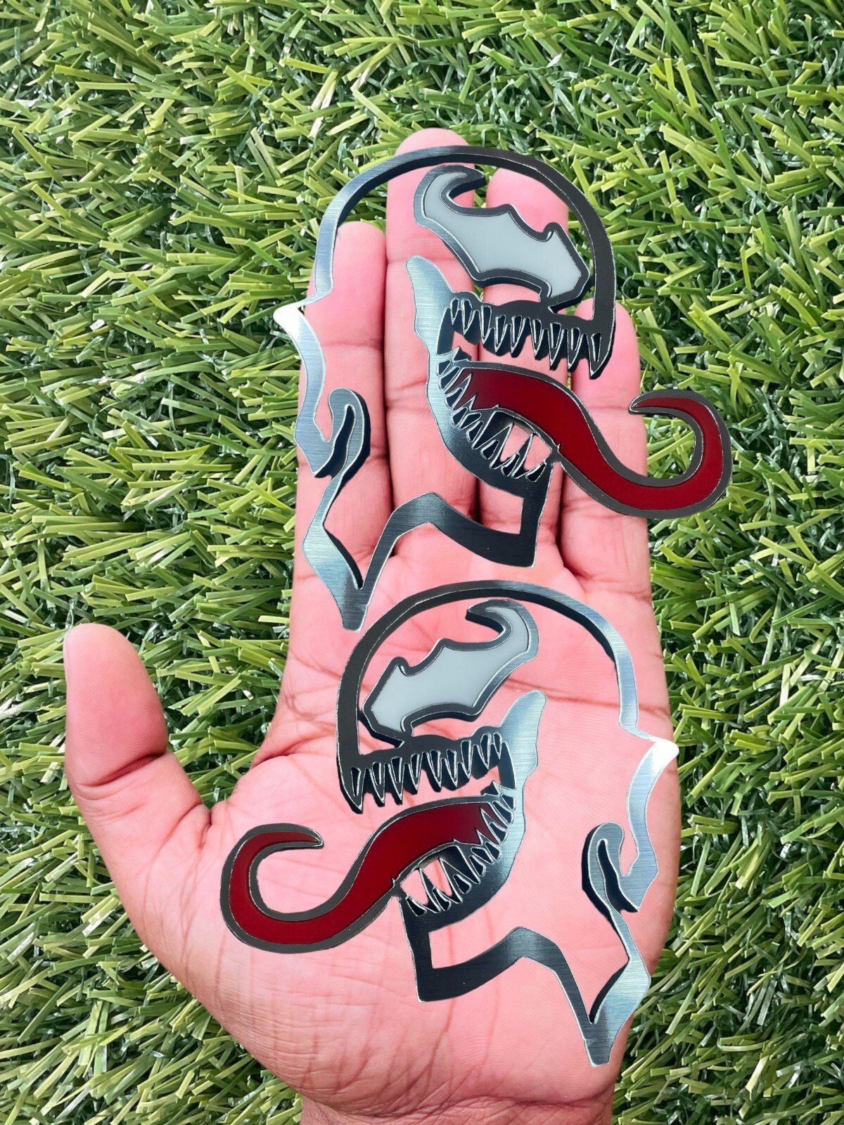 Venom White Eye Red Tongue Emblem Badges set of 2 Silver Custom Made in ...