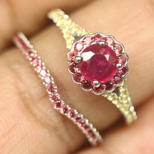 Heated Red Ruby & Orange Yellow Sapphire Two Ring 925 Sterling Silver ...