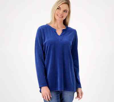 Denim & Co. Velour Split Banded V-Neck Hi-Low Tunic Top Cobalt Blue Sz ...