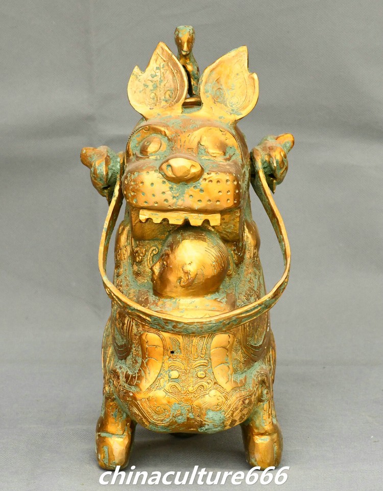 11" China Dynasty Bronze Ware Gilt Horse Dragon Bear Child Beast Face ...