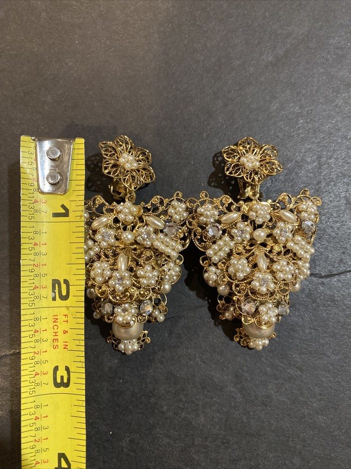 Unsigned Miriam Haskell Goldtone Rhinestone Faux Pearl Clip On Earrings ...